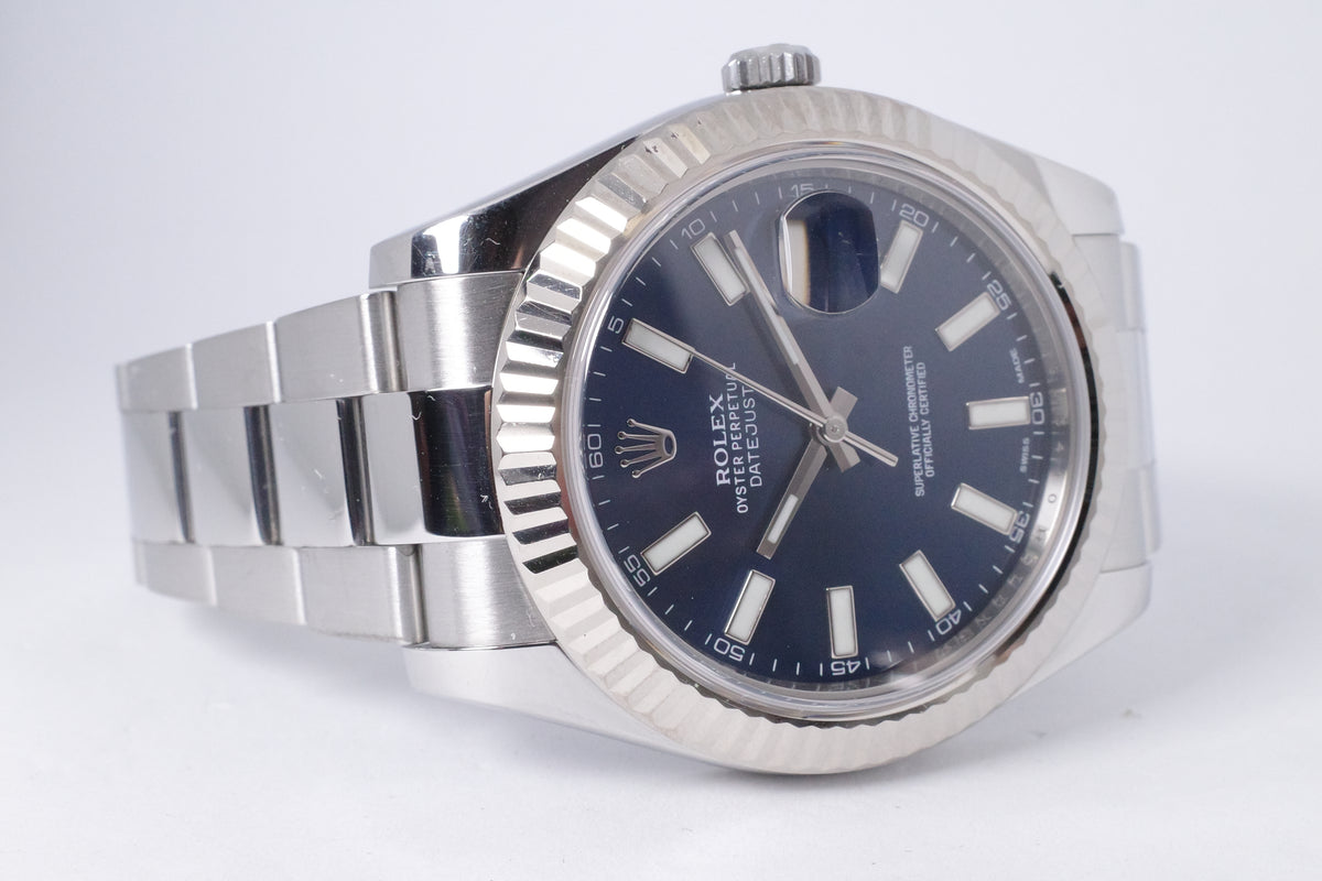 ROLEX 41mm DATEJUST II BLUE DIAL WHITE GOLD FLUTED BEZEL OYSTER BRACEL ...