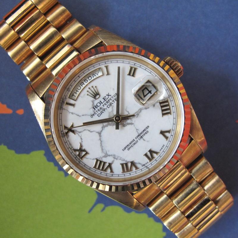ROLEX YELLOW GOLD DAY-DATE PRESIDENT RARE MARBLE DIAL 18238 – Honolulu Time