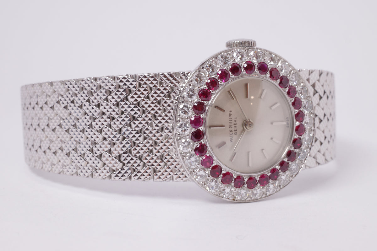 PATEK PHILIPPE VINTAGE WHITE GOLD DIAMOND & RUBY BEZEL MANUAL WIND COC ...