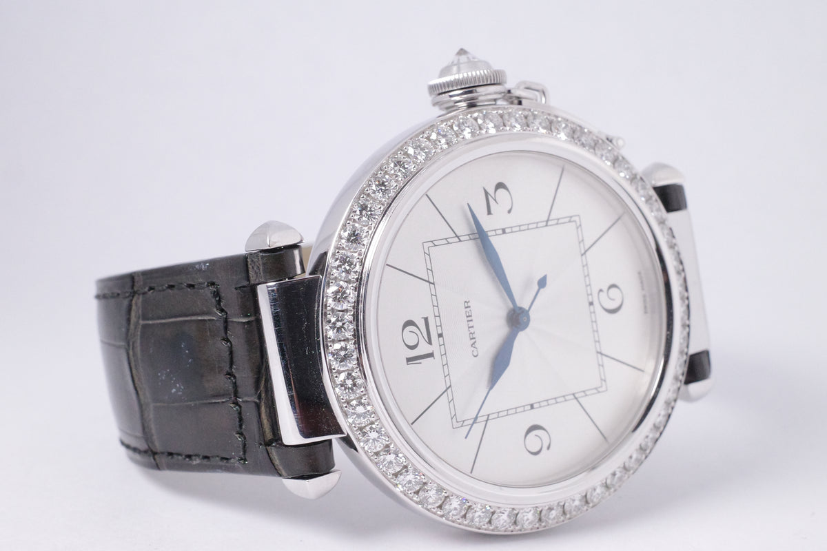 CARTIER 42mm WHITE GOLD PASHA FACTORY DIAMOND BEZEL FRESH FROM SERVICE ...