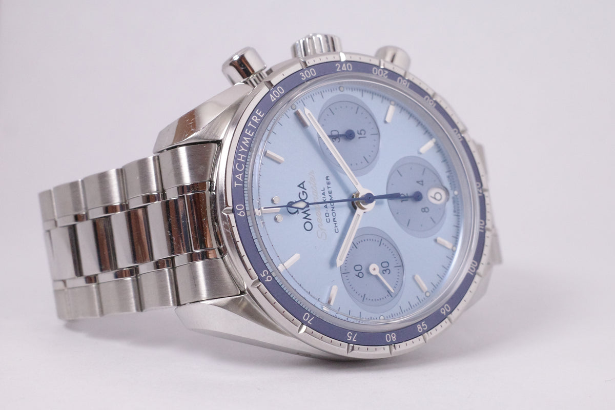 OMEGA SPEEDMASTER 38 COAXIAL CHRONOMETER SUNBURST ICE BLUE DIAL BOX ...